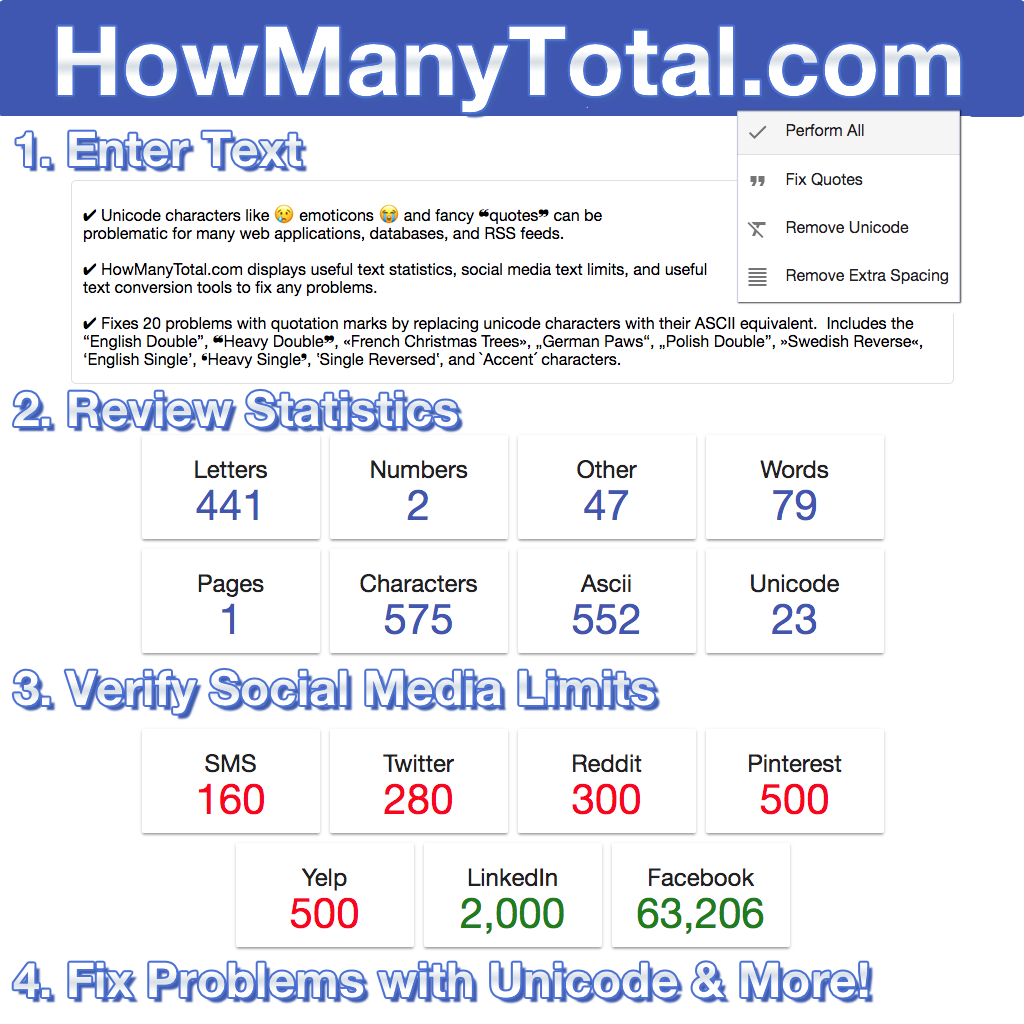 How Many Total - Letter and Word Counter with Text Fixing Tools